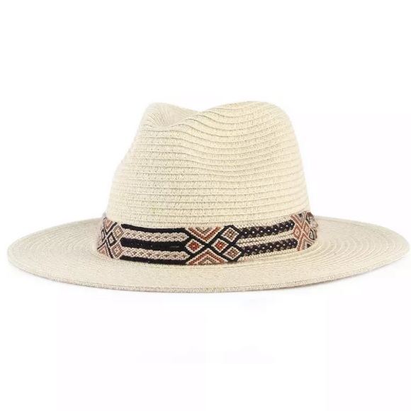 Accessories | Beige Woven Straw Aztec Belted Fedora Hat | Poshmark